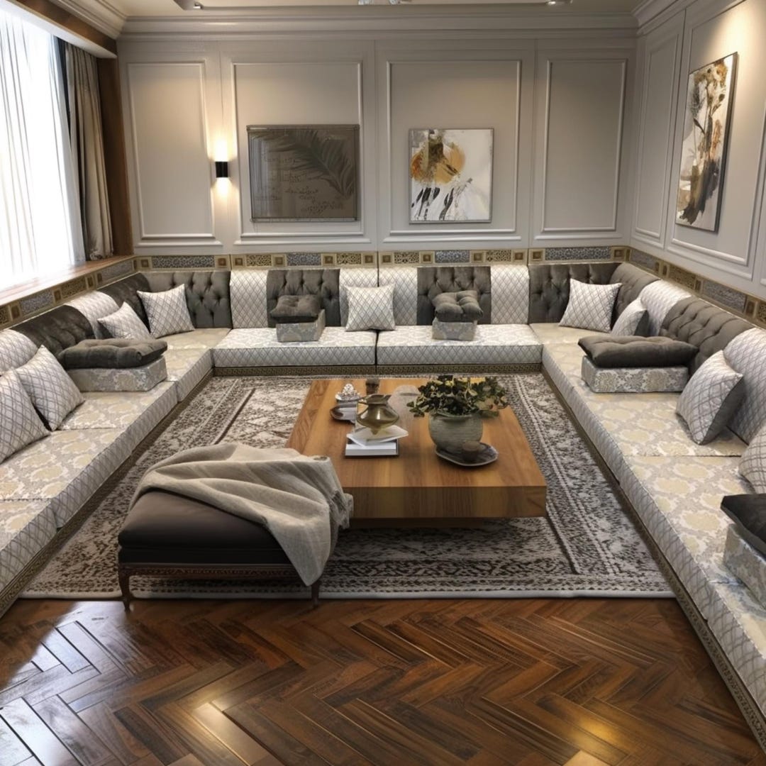 Large Arabic Floor Sofa Majlis | Costum Shaped Sectional, Poufs ...