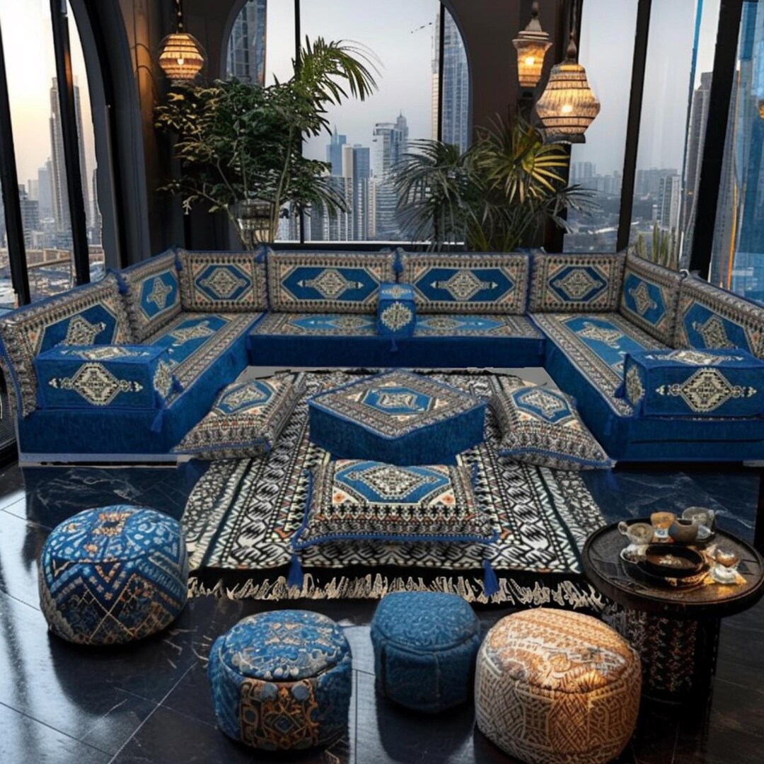 Arabic Majlis Floor Sofa Set | Modular Sectional With Cushions, Poufs ...