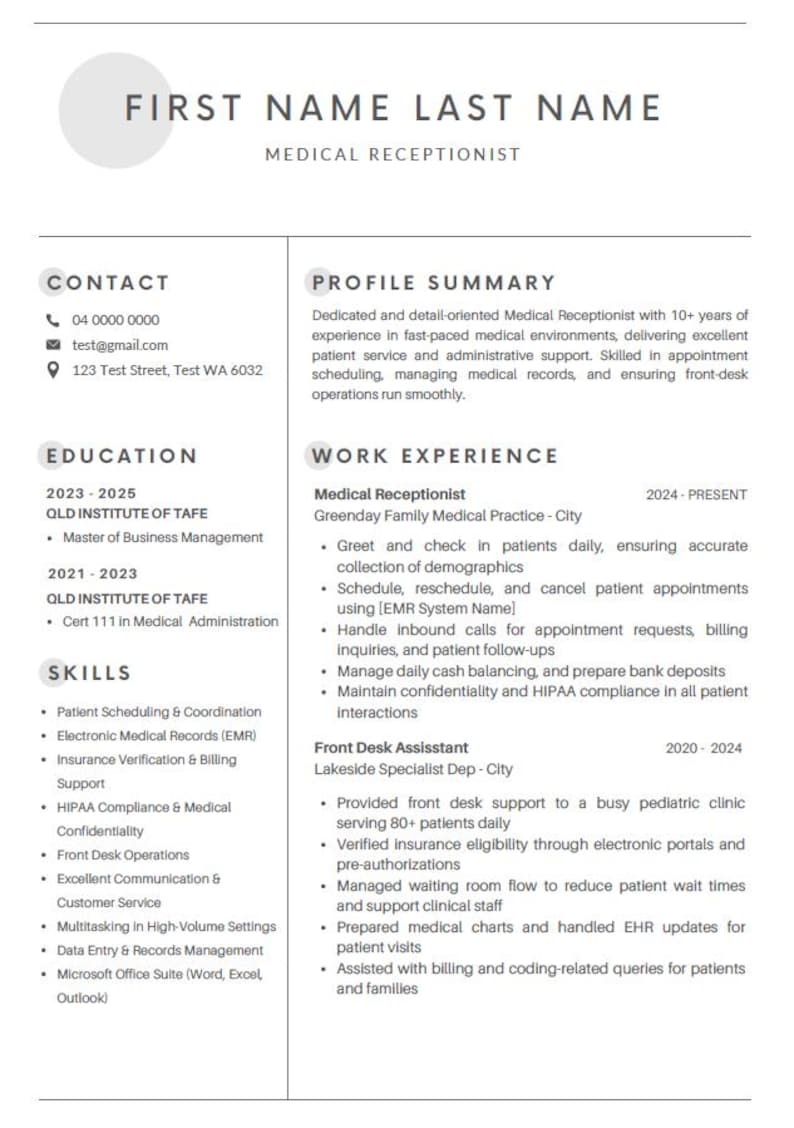 Medical Reception Resume Template - Etsy