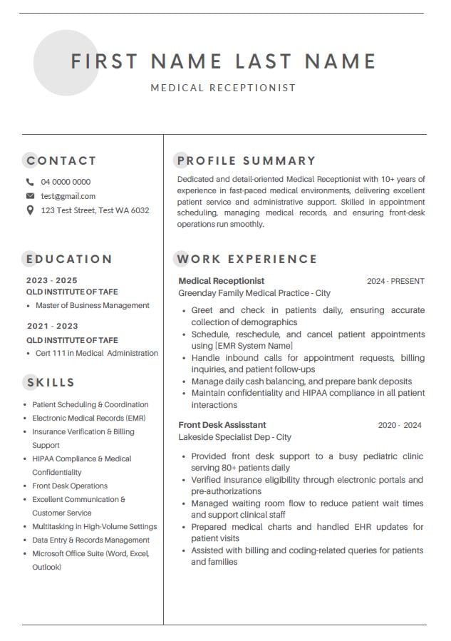 Medical Reception Resume Template - Etsy