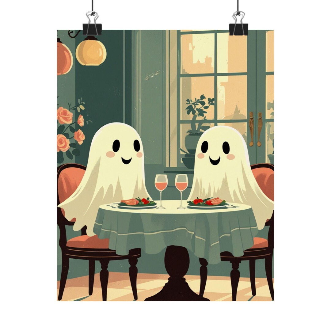 Vintage Halloween Ghosts Poster, Cute Ghost Couple, Dinner Date, Ghosts ...