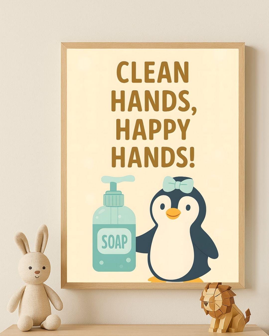 Penguin Hand Washing Poster: Kids Bathroom Hygiene Art (digital ...