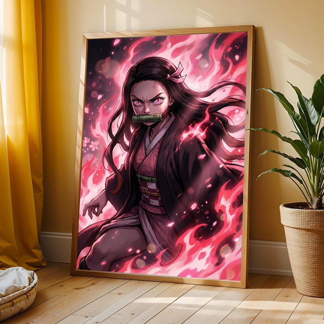 Nezuko Anime Poster, Demon Slayer Wall Art Print, Pink Flame Watercolor ...