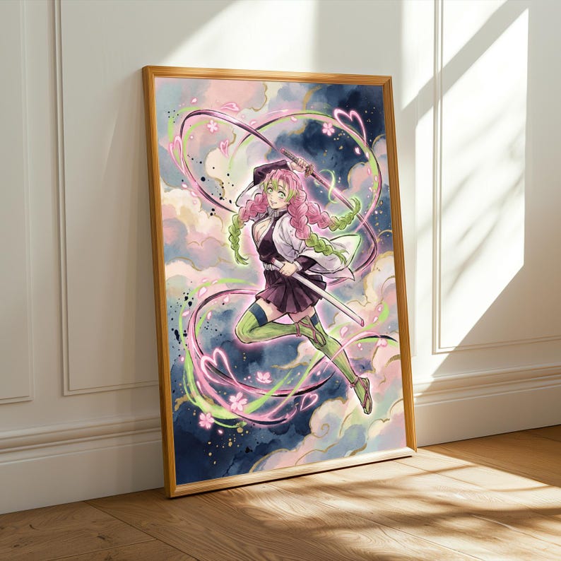 Mitsuri Kanroji Poster: Pastel Watercolor Anime Art, Love Hashira Print ...