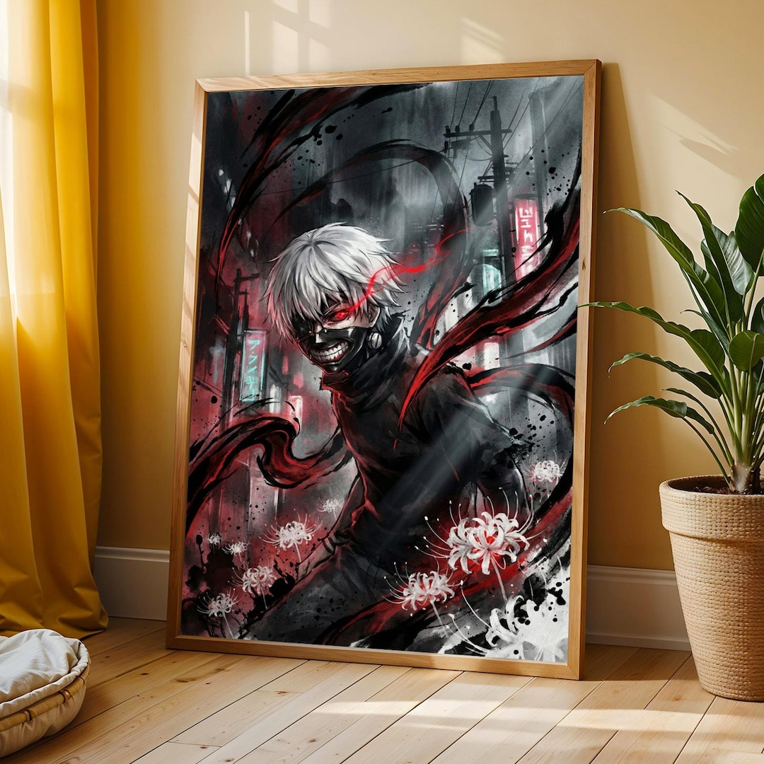 Ken Kaneki Tokyo Ghoul Poster Dark Anime Wall Art Red Kagune Neon City ...