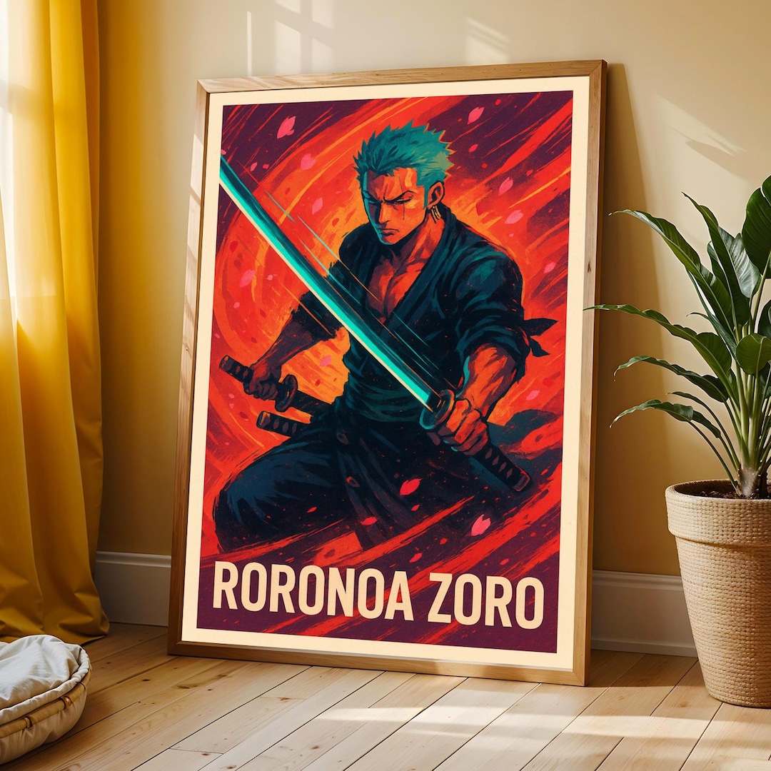 Roronoa Zoro Inspired Anime Poster, Samurai Sword Wall Art Print, Teal ...