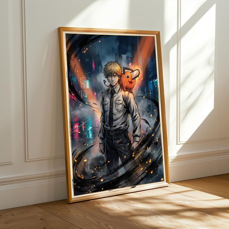 Denji & Pochita Chainsaw Man Poster, Anime Dark Art Print, Neon City ...