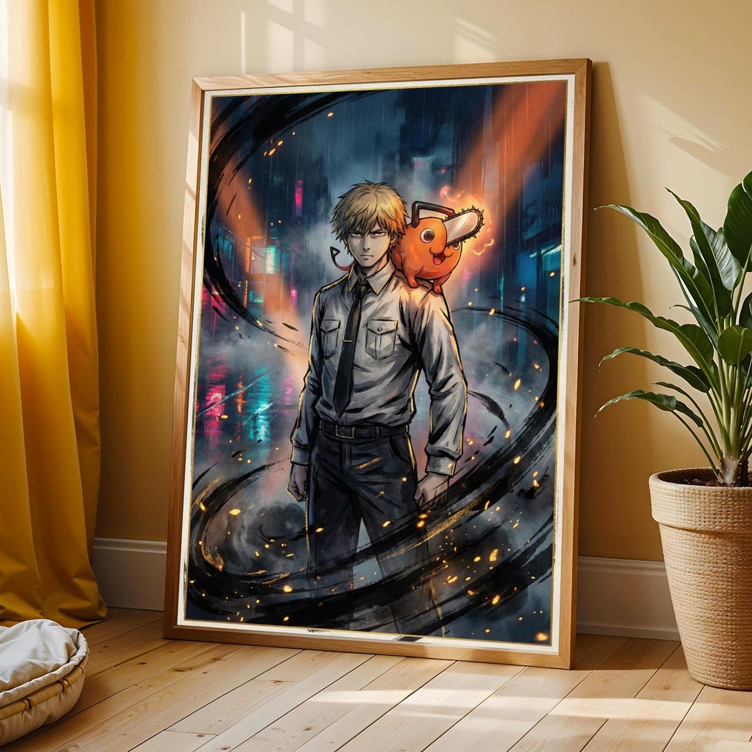 Denji & Pochita Chainsaw Man Poster, Anime Dark Art Print, Neon City ...