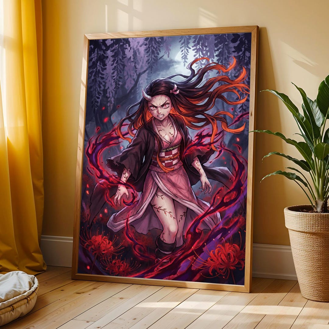 Nezuko Demon Form Poster, Demon Slayer Anime Print, Red Aura Watercolor ...