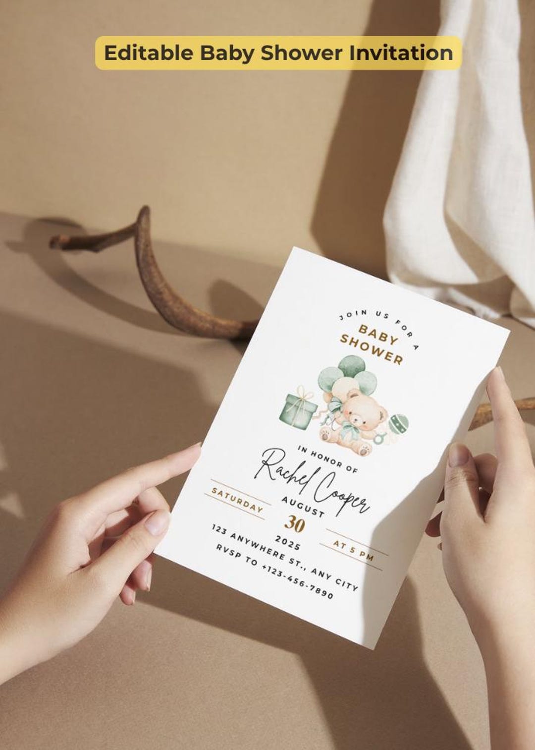Sage Green Teddy Bear Baby Shower Invitation Editable Boho Design