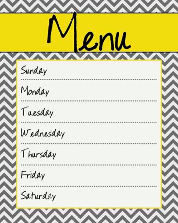 Kitchen Menu Board Printable Gray Grey and Yellow Chevron | Etsy