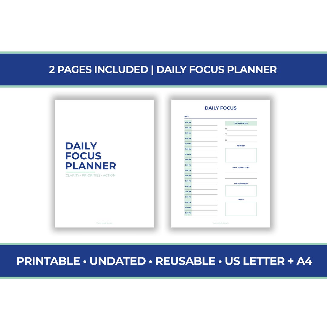 Daily Focus Planner (printable PDF A4 and US Letter) | Priorities, Time ...
