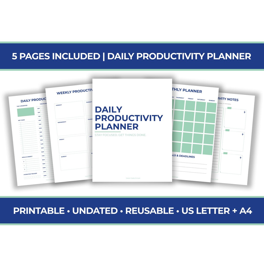 Daily Productivity Planner (printable PDF A4 and US Letter) | Undated ...