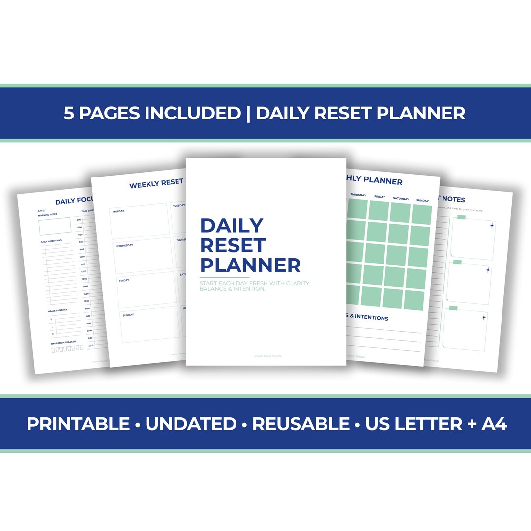 Daily Reset Planner (printable PDF A4 and US Letter) | Productivity and ...
