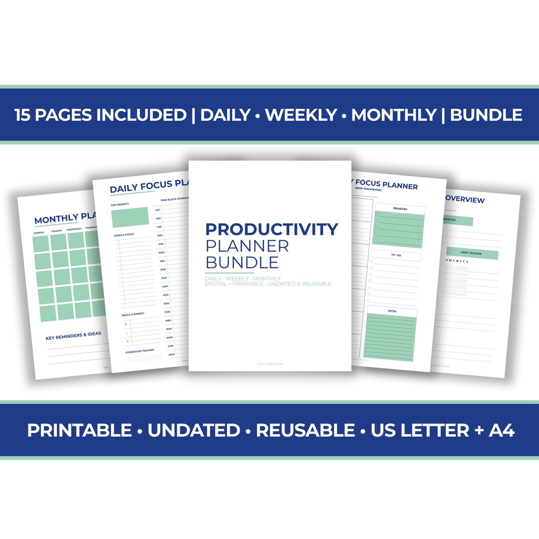 Productivity Planner Bundle (printable PDF A4 and US Letter) | Daily ...