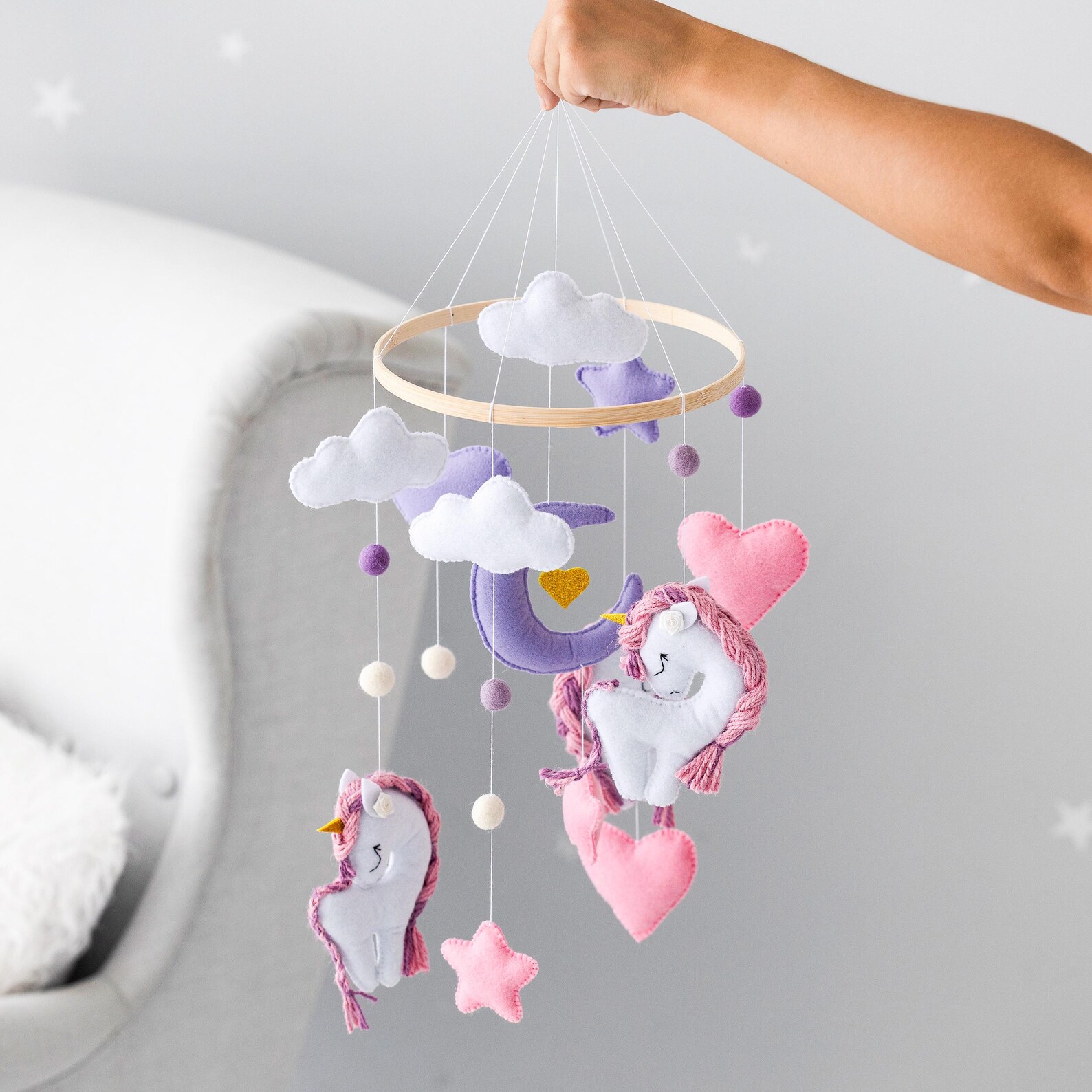 Unicorn Crib Mobile, Stars and Moon Mobile, Cloud Baby Mobile, Girls ...