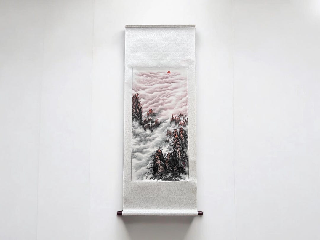 Hand Painted Ink Wash Scroll Art, Mountain & Cloud Landscape, Vertical ...