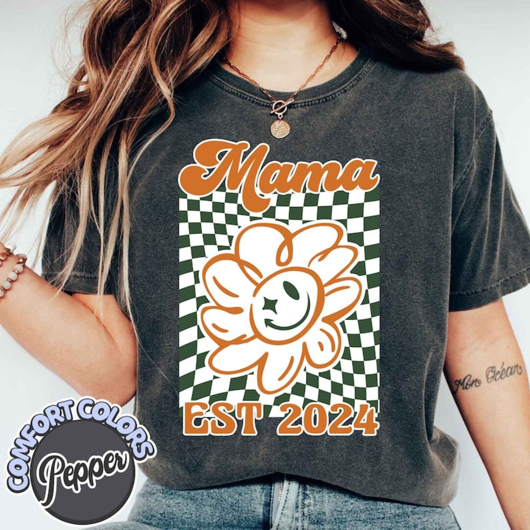 Mama Established 2024 Comfort Colors Shirt, Checkered Mama Comfort Colors Boho, Mothers Day Gift ...