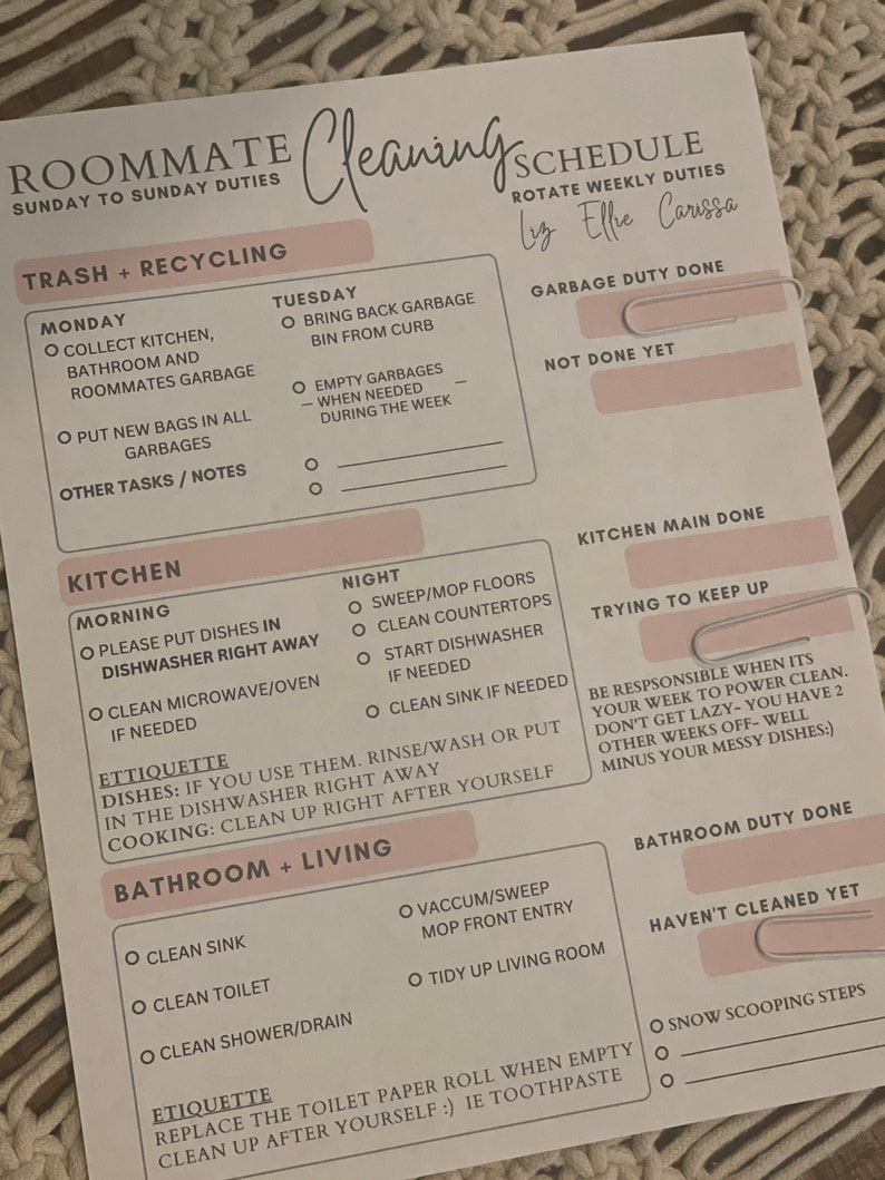 College Roommate Cleaning Schedule - Etsy