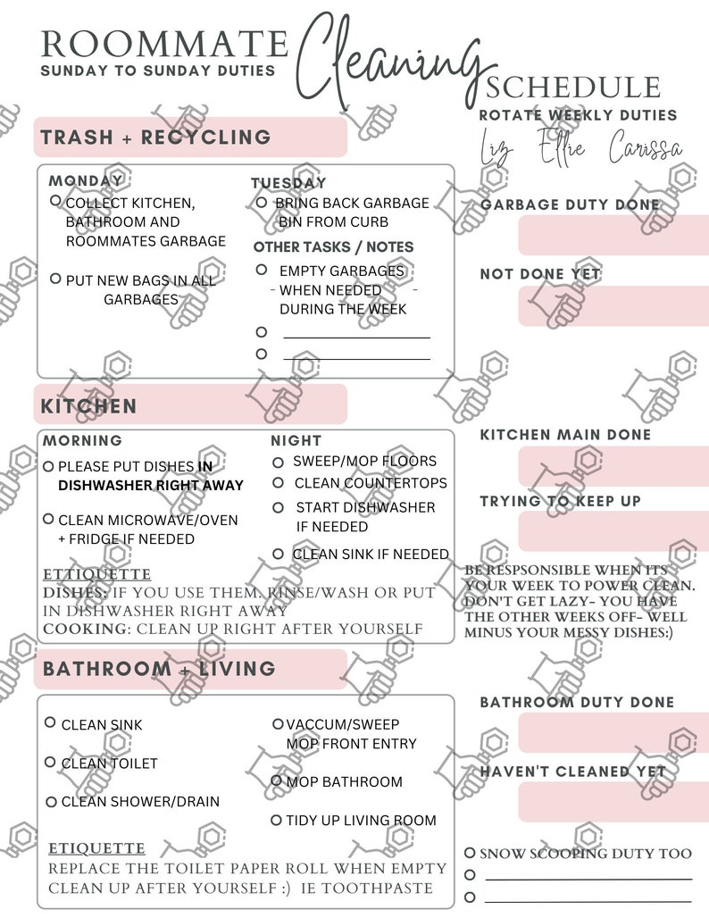 College Roommate Cleaning Schedule - Etsy