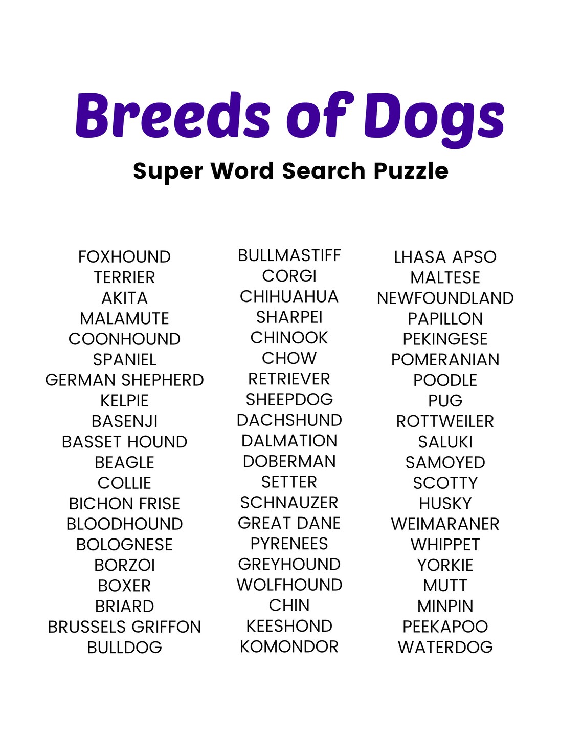 Breeds of Dogs Super Word Search Puzzle Word Search, Puzzle, Dogs ...