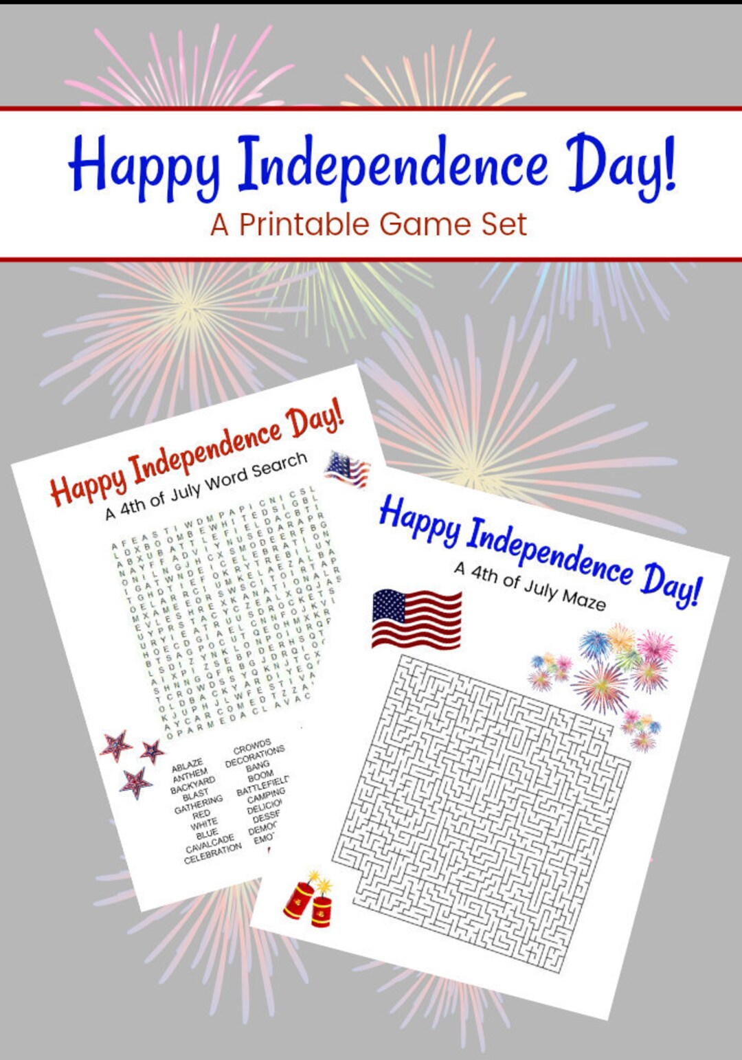 Independence Day Printable Game Set of 2 Word Search, Maze, Party Games ...