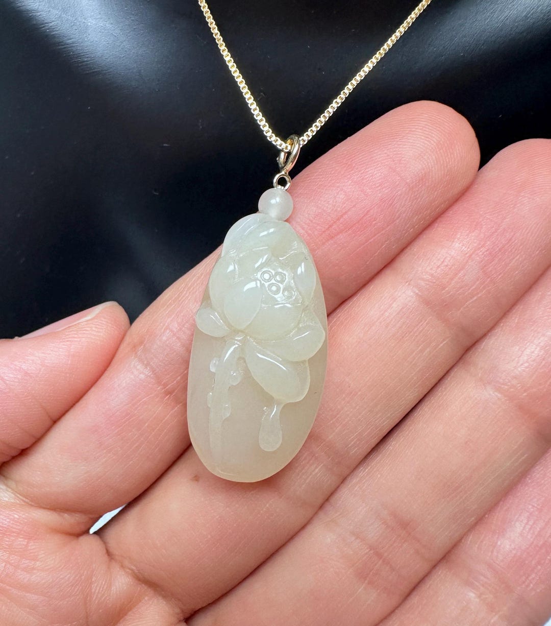 Delicate Pale Lotus-tint Nephrite Jade Pendant on Adjustable Gold ...