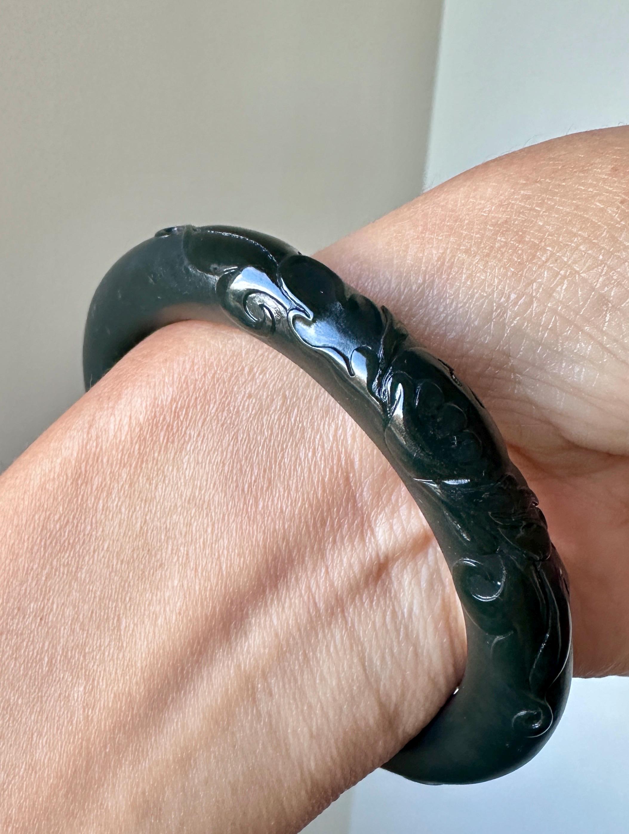 Hand-carved Dark Green Nephrite Jade Bangle: Butterfly Blossom, 58.9 Mm ...
