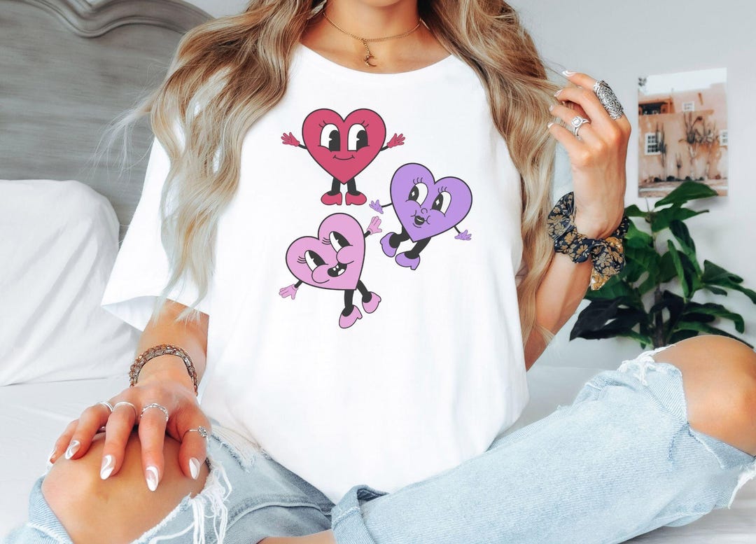 Bella Canvas Retro Cartoon Colorful Hearts Gals Shirt, Valentines Day ...
