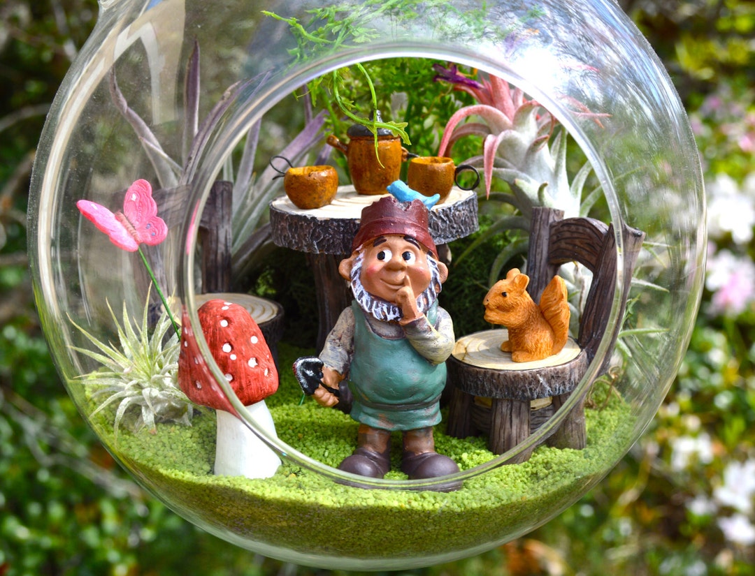 Garden Gnome Terrarium Kit ~ 8" Glass Globe ~ Table and Chairs ~ Gnome ...