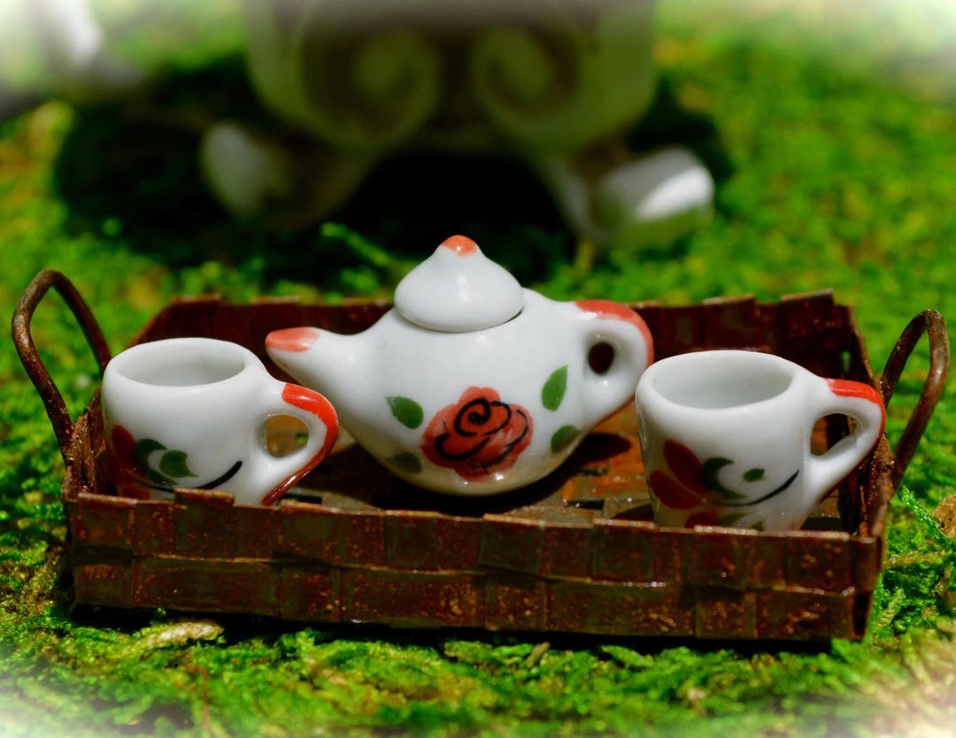 Miniature Red Rose Tea Set – Ceramic Fairy Garden or Dollhouse Set With ...