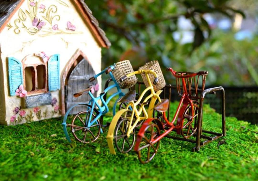 Miniature Bicycle or Bike Rack – Red, Green, Bronze Bikes W/ Basket ...