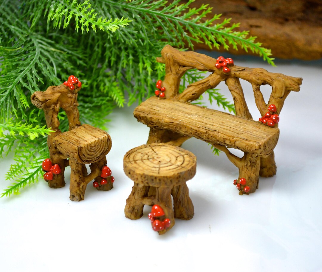Miniature Mushroom Bench, Chair & Stool Set ~ 3-piece Fairy Garden ...