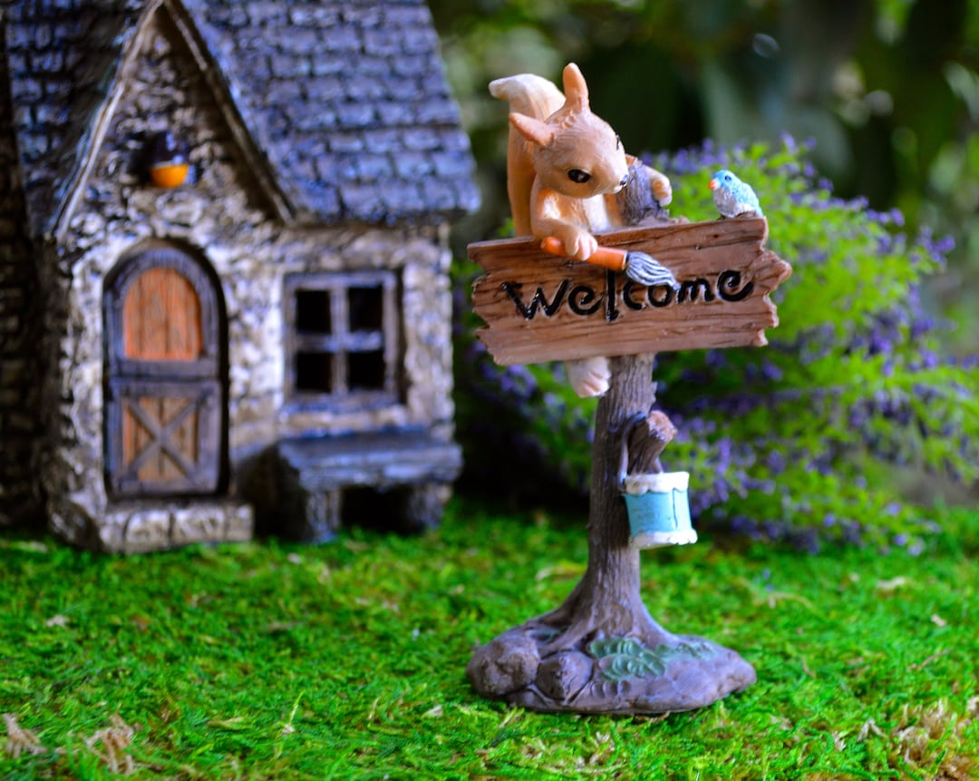 Miniature Garden Sign ~ Squirrel Welcome Sign With Little Blue Bird ...