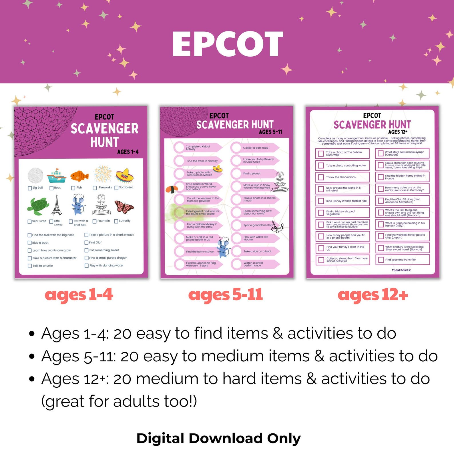 Disney World Scavenger Hunt Bundle, Printable Magic Kingdom, EPCOT ...
