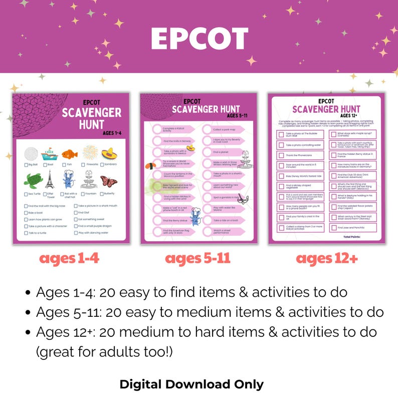 Disney World Scavenger Hunt Bundle, Printable Magic Kingdom, EPCOT ...