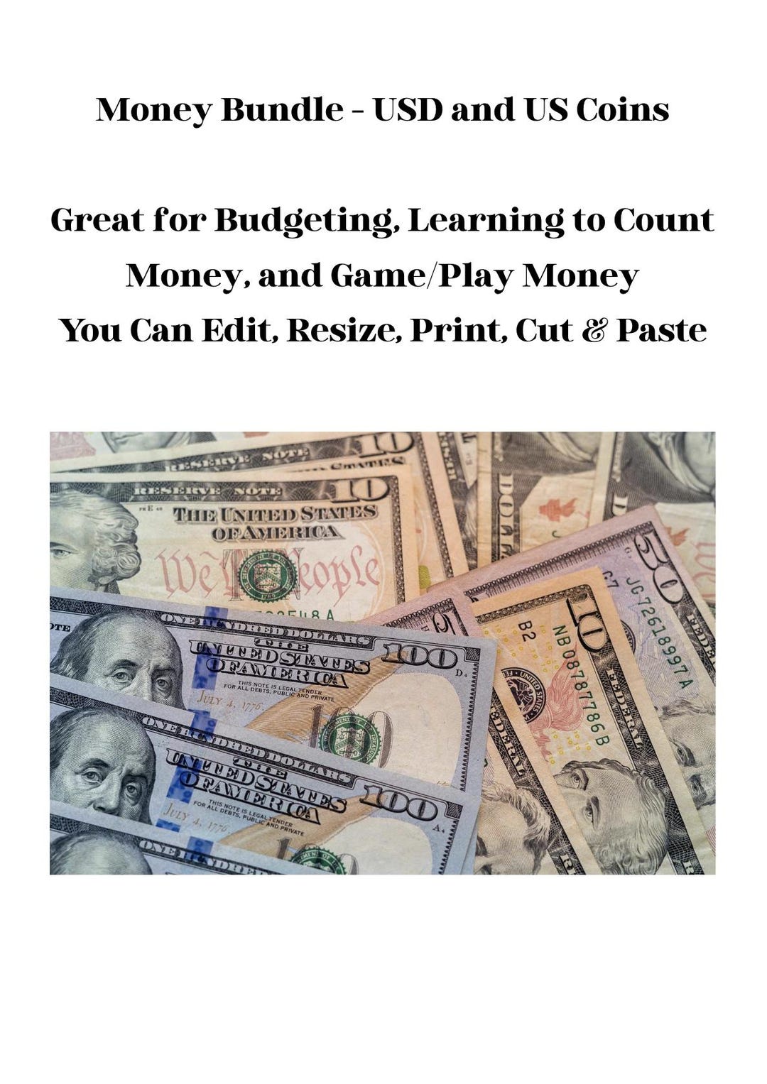 Play Money Bundle: Printable USD Bills & Coins - Budgeting, Classroom ...