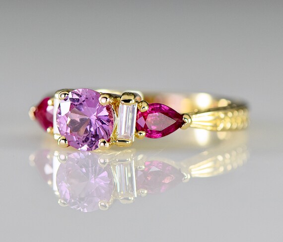 Pink Sapphire Diamond and Ruby 14K Yellow Gold Ring | Etsy