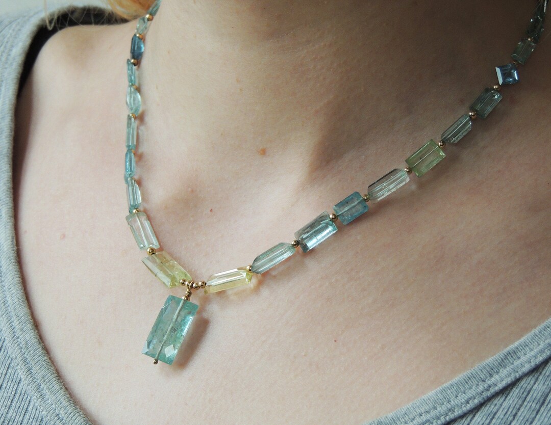 Aquamarine Faceted Bead Necklace With 14k Yellow Gold Beads and Lobster ...