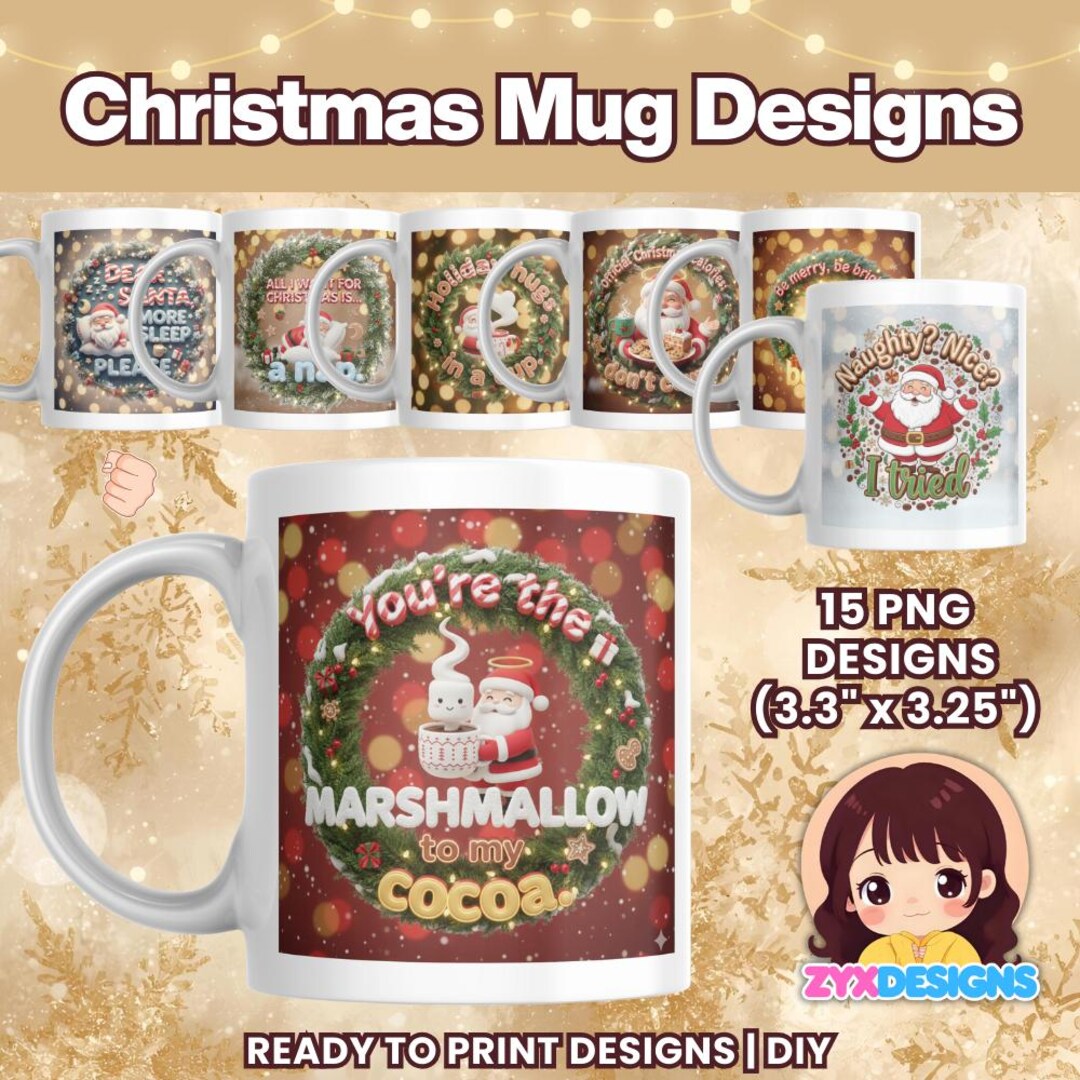 Christmas Mug Wrap Designs | 15 PNG Templates | 3.3