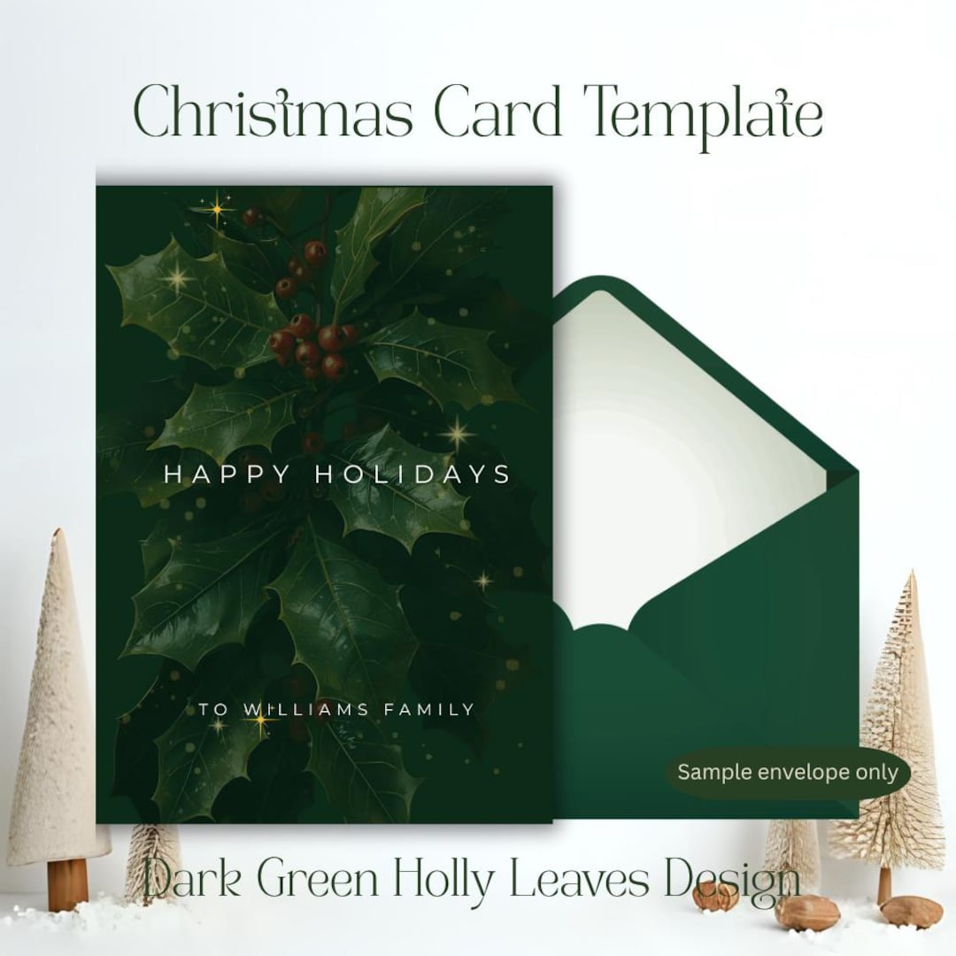 Elegant Christmas Card Template Editable Holly Design (canva & PDF) - Etsy