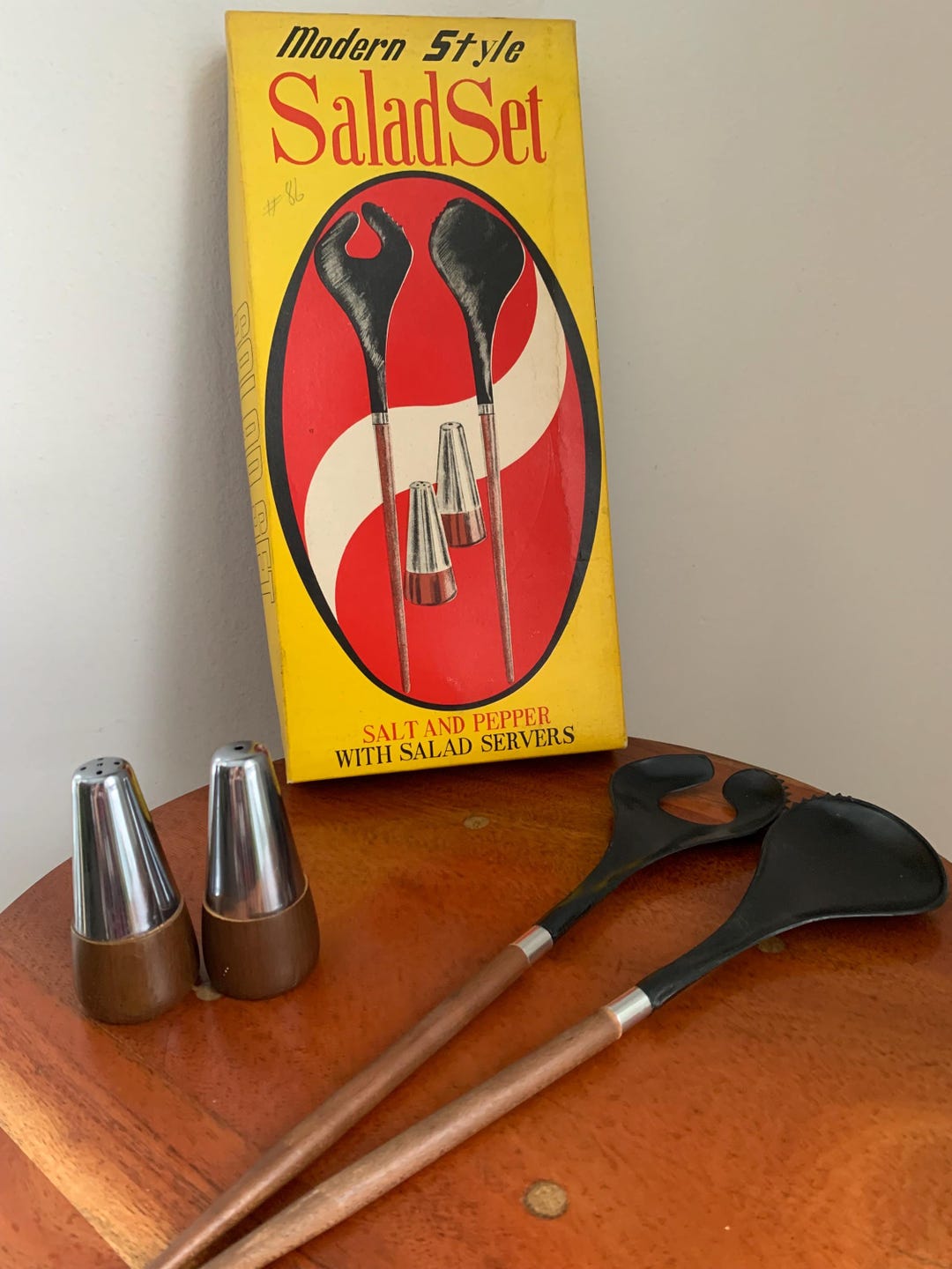 Vintage Mid-century Modern Salad Servers With Salt and Pepper Shakers ...