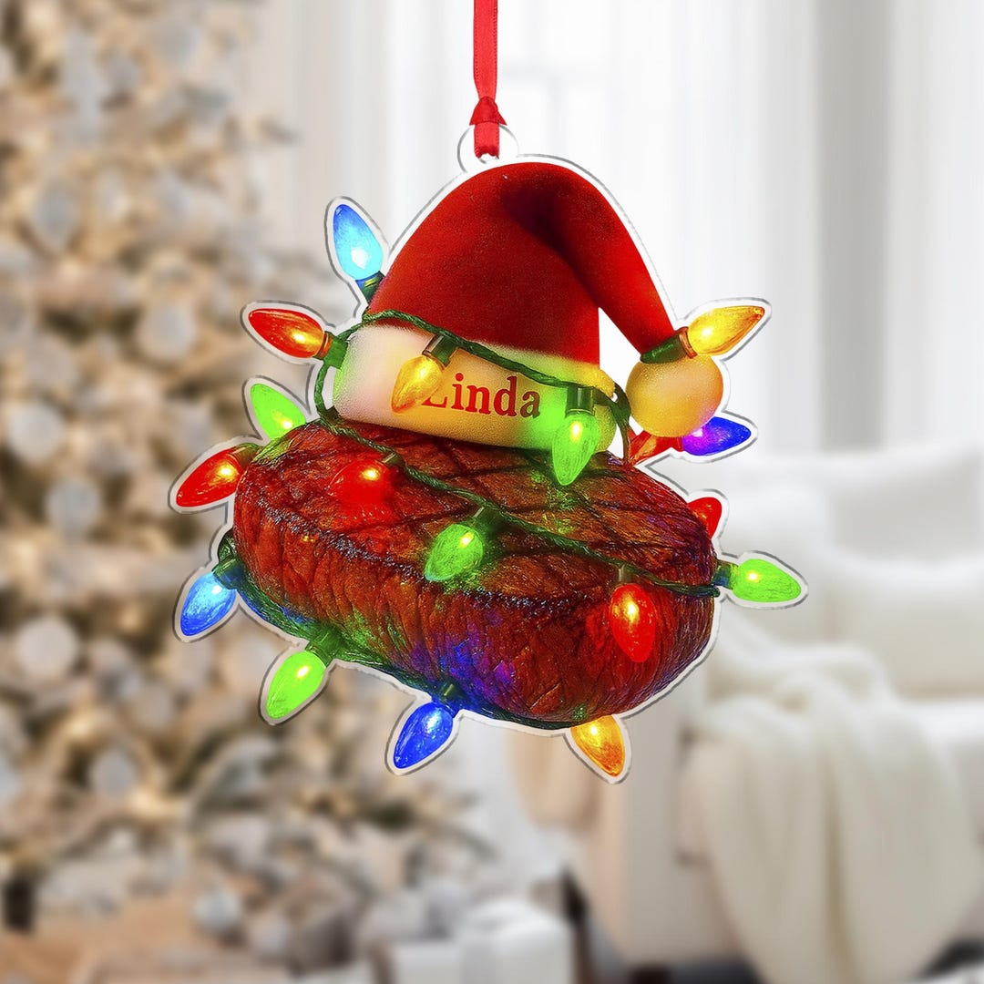 Funny Steak Christmas Ornament With Santa Hat and Lights, Personalized ...