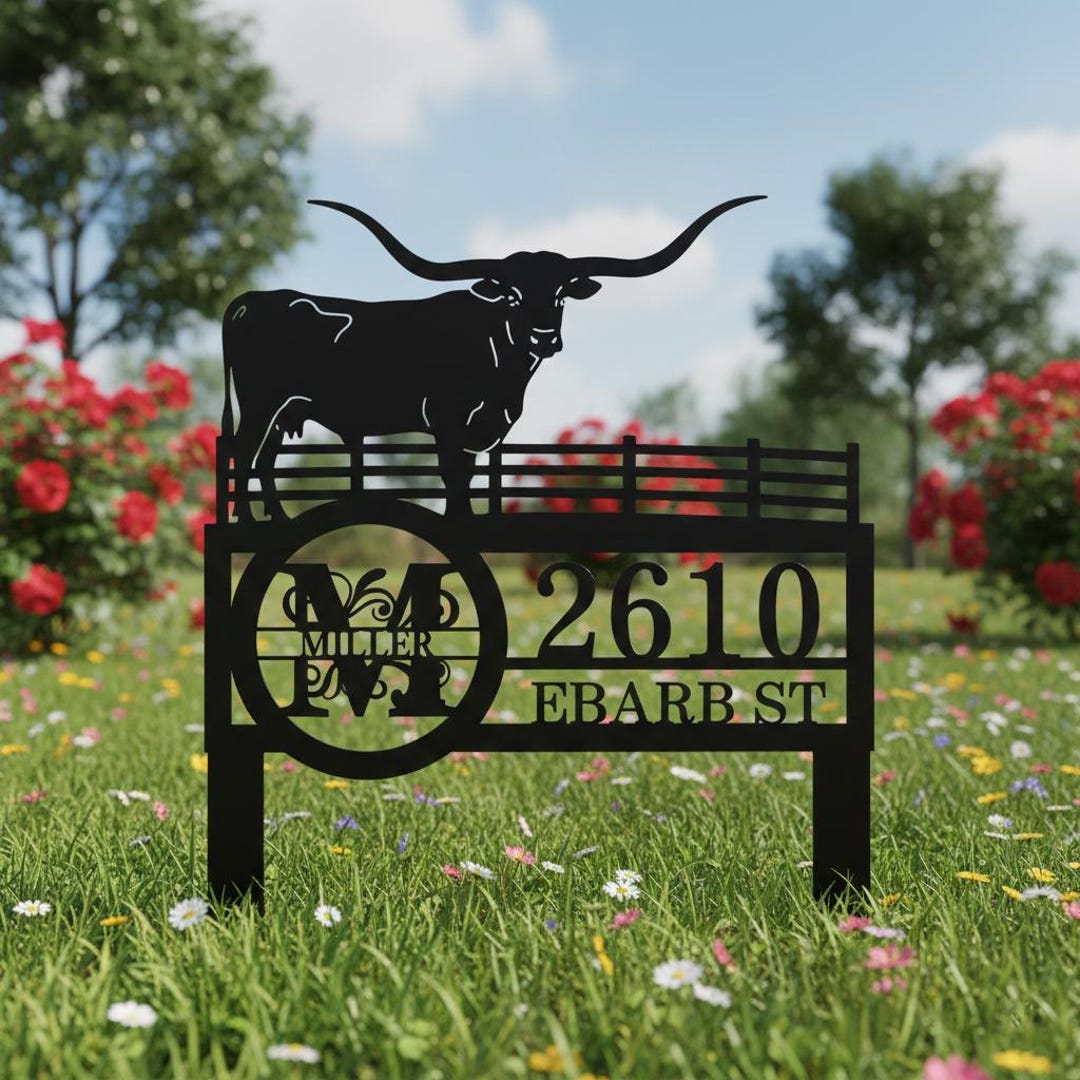 Farmhouse Address Sign With Longhorn, Personalized Farm Entry Sign ...