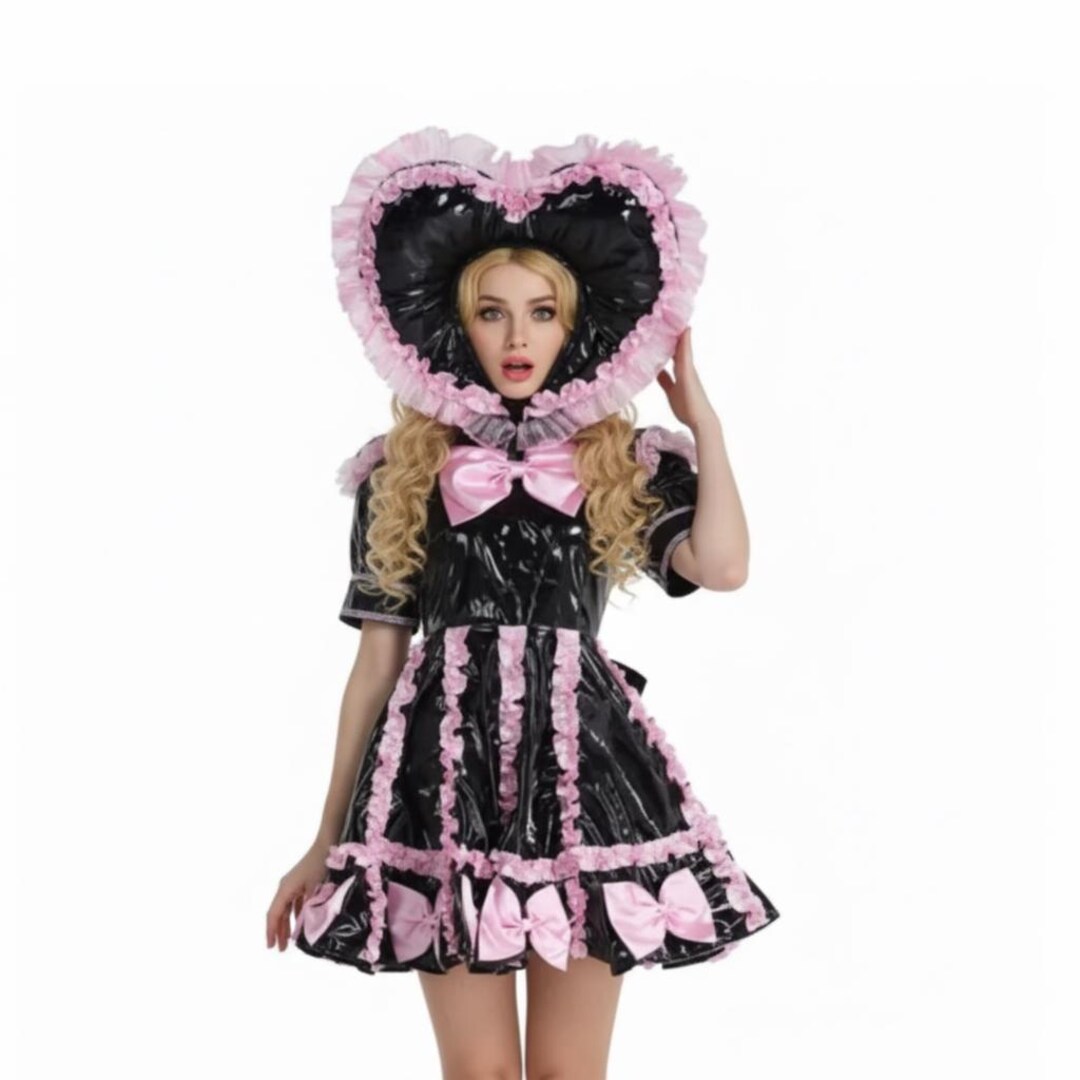 Sissy Black Conjoined Lockable Maid Bow PVC Dress Cosplay Halloween ...