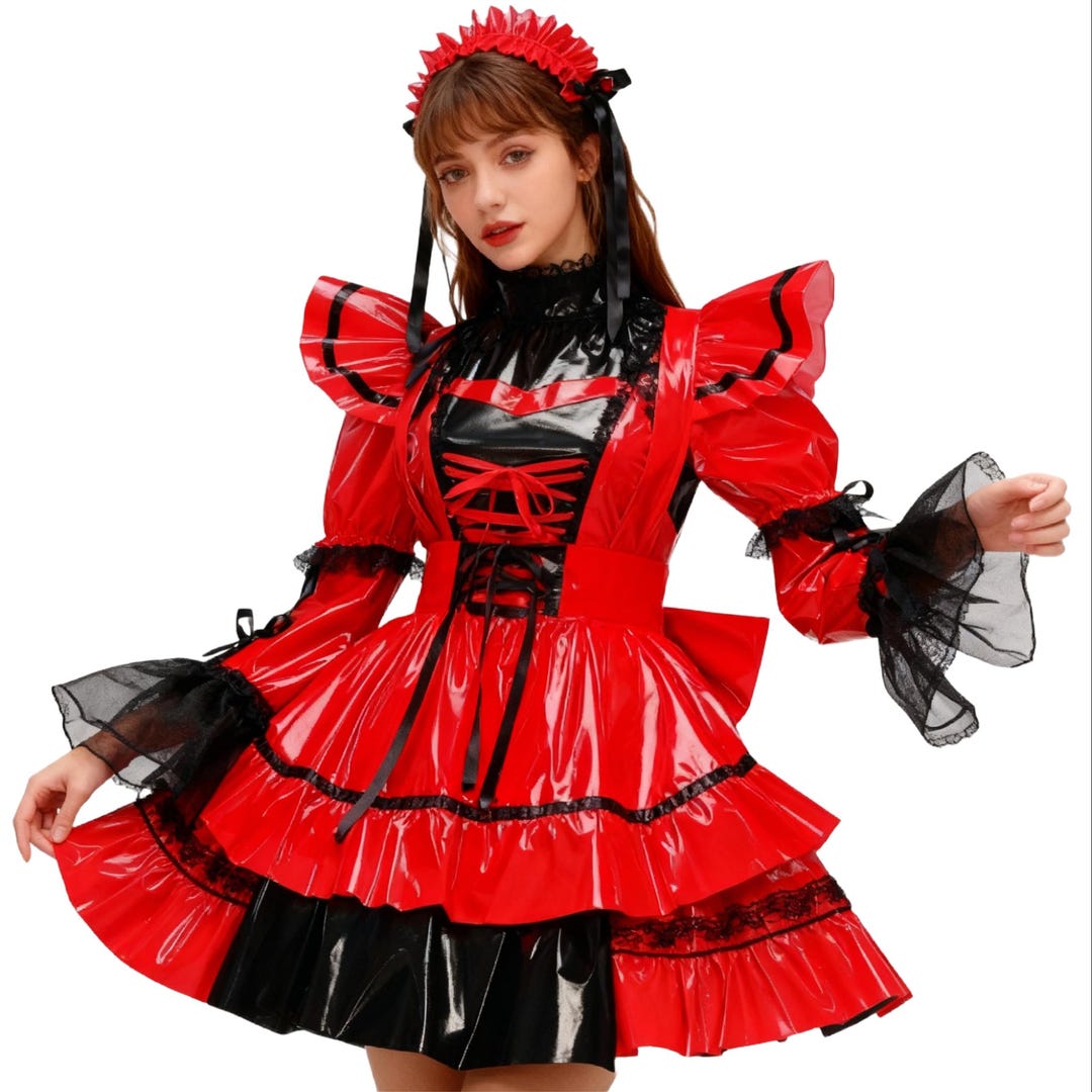 Maid Outfit Sissy Lockable Red Pvc Long Sleeve Dress Cosplay Costume