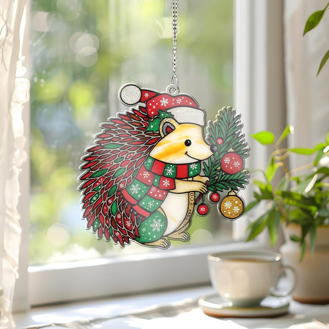 Cute Hedgehog Christmas Acrylic Window Hanging | Holiday Suncatcher ...