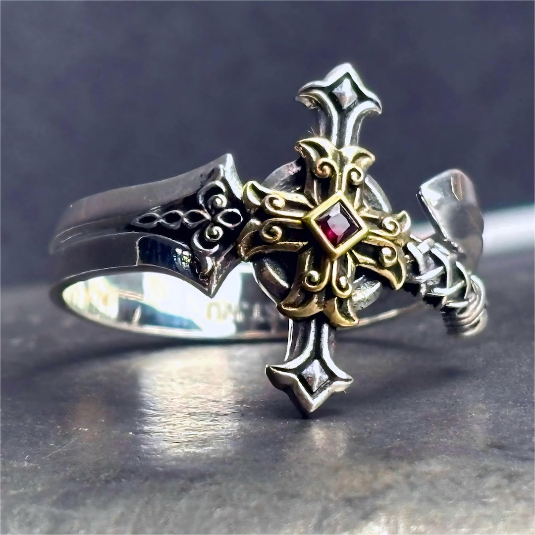Justicar Blade Wrap Ring, Handmade Medieval Sword, Gothic Silver Brass ...