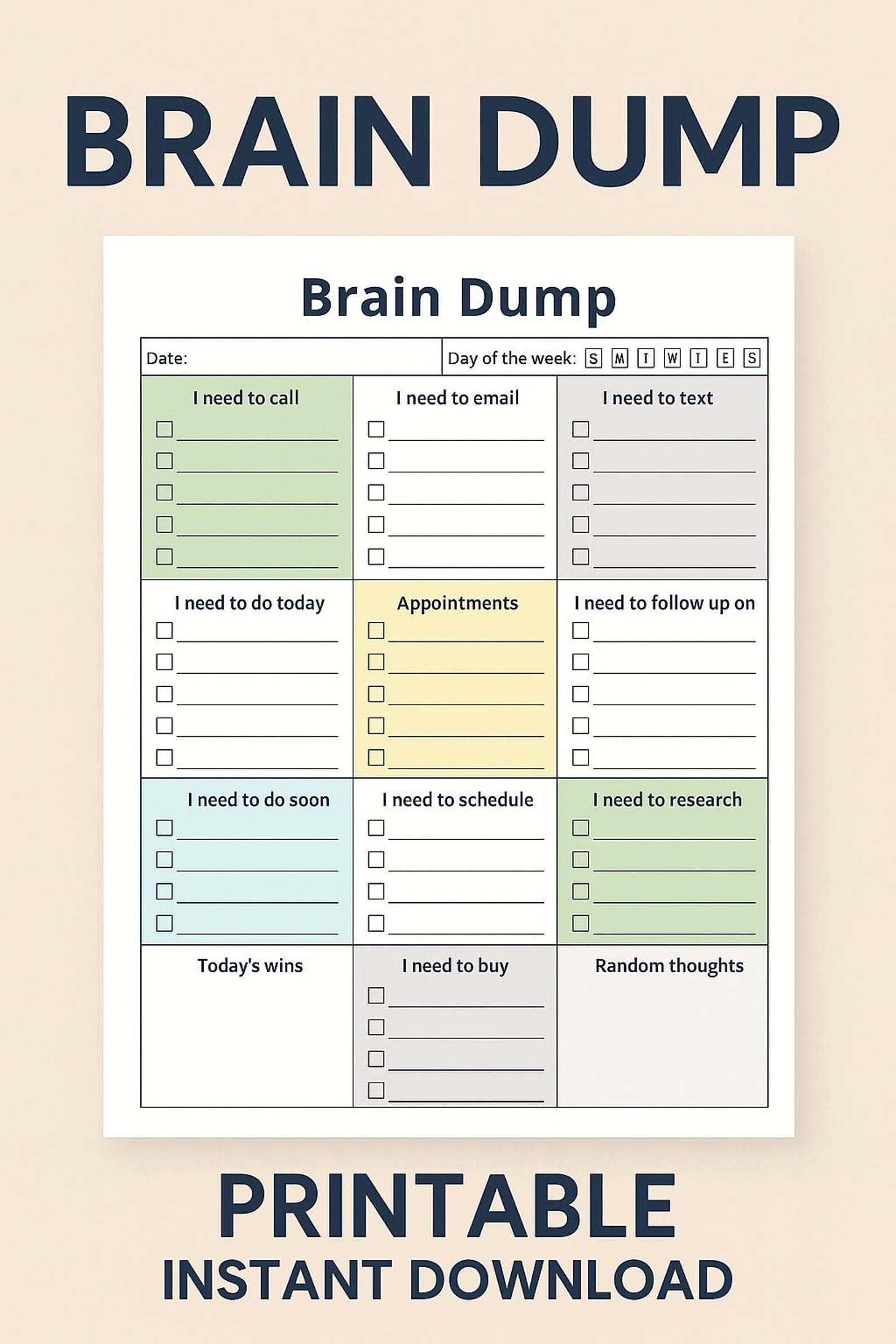 Brain Dump Worksheet Printable PDF | Productivity Planner Page | Mind ...