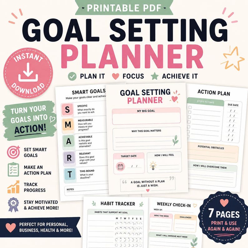 Goal Setting Planner Printable | SMART Goals, Action Plan, Habit ...